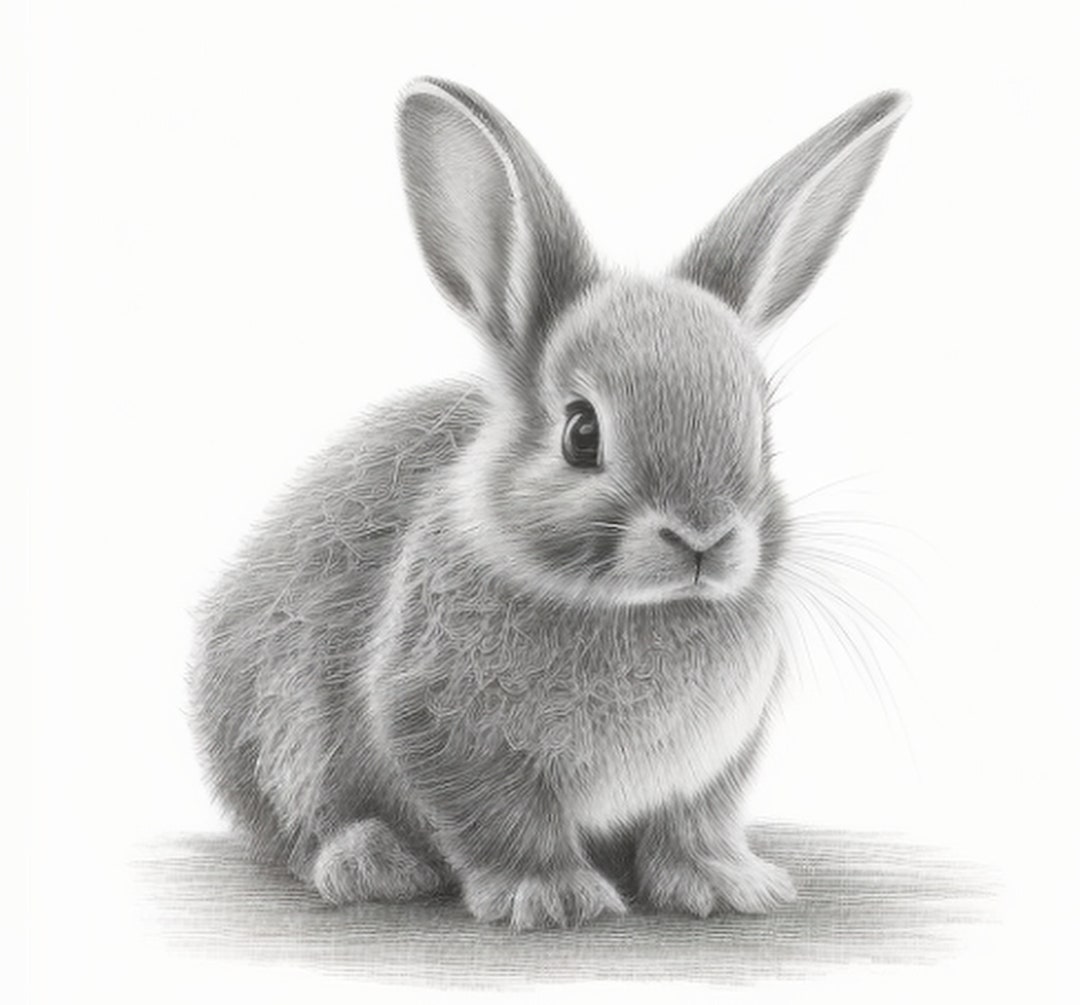Cute Baby Rabbit Pencil Drawing Digital Download, Cute Animals, Digital ...
