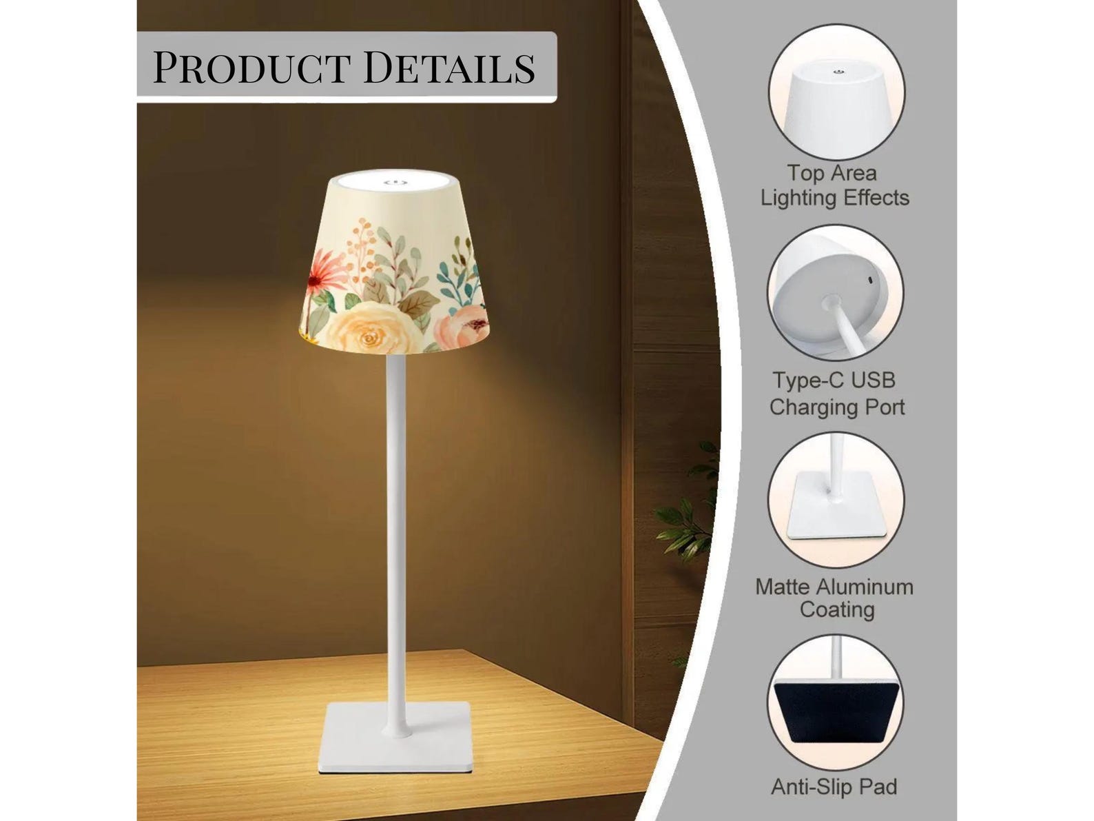 Cordless Table Lamp LED Touch Activated Desk Lamp Floral Rechargeable ...