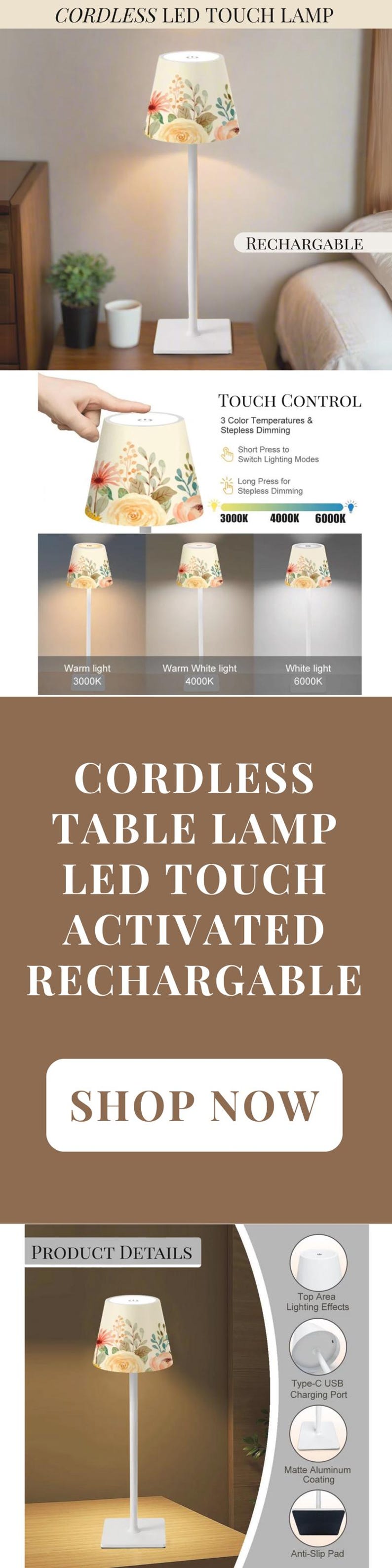Cordless Table Lamp LED Touch Activated Desk Lamp Floral Rechargeable ...