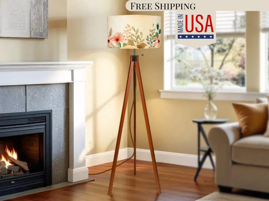 Floor Lamp Floral Tall Lamp Solid Wood Round Linen Shade Watercolor ...