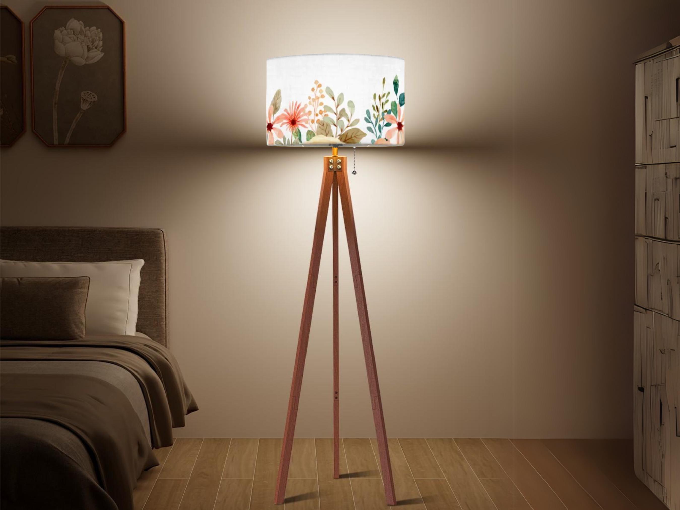 Floor Lamp Floral Tall Lamp Solid Wood Round Linen Shade Watercolor ...