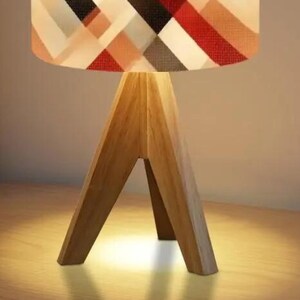 Tripod Table Lamp Geometric Pattern Minimalist Earth Tone Wood Desk ...