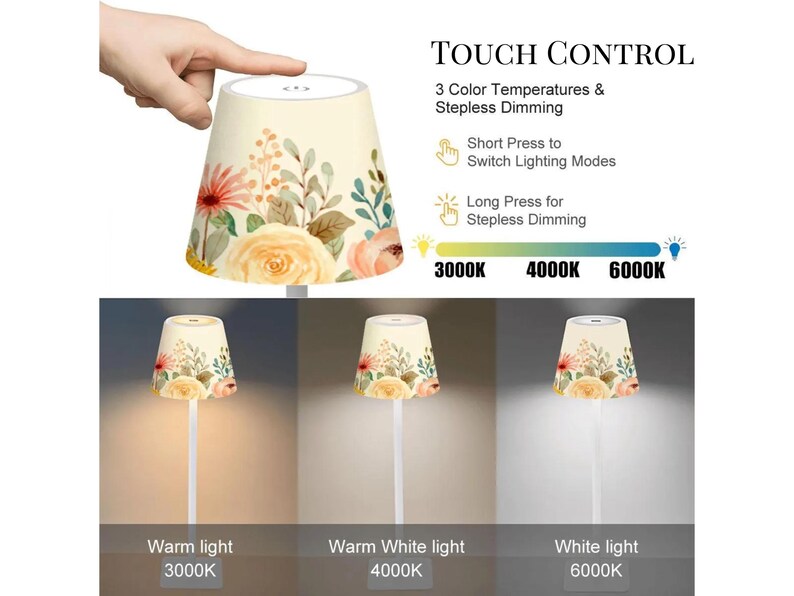Cordless Table Lamp LED Touch Activated Desk Lamp Floral Rechargeable ...