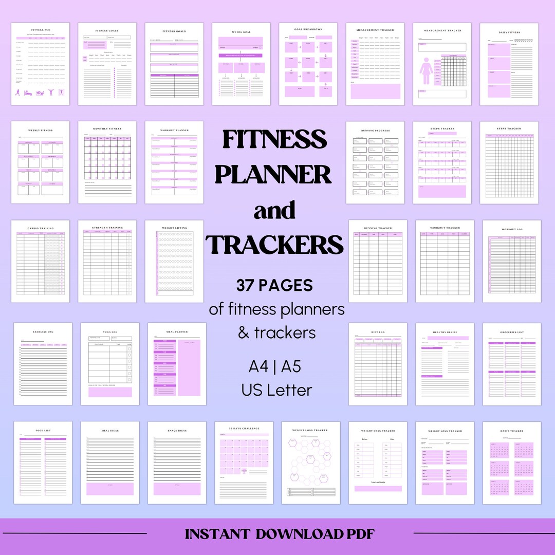 Printable Fitness Planner Trackers Bundle Fitness Goals, Weight Loss ...