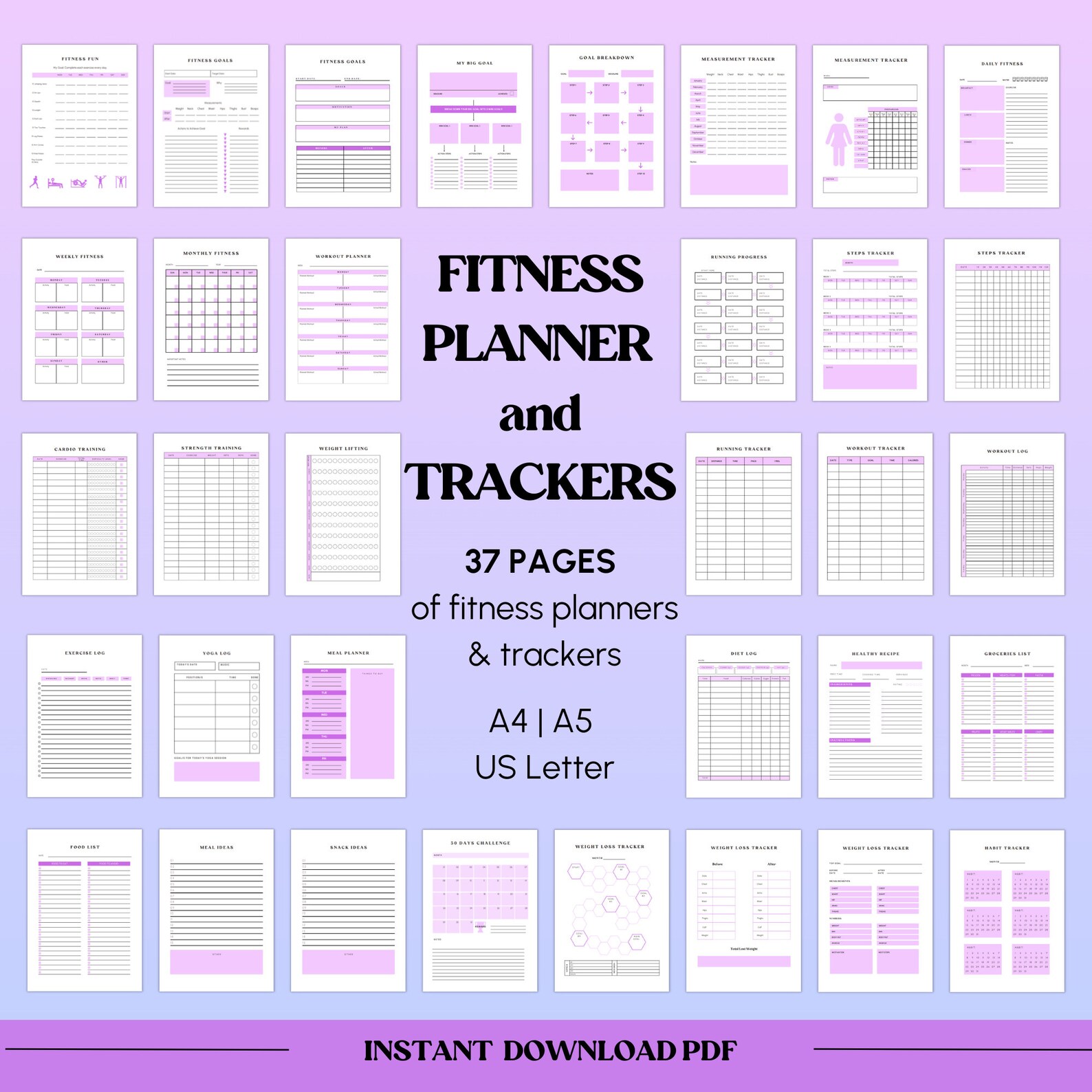 Printable Fitness Planner Trackers Bundle Fitness Goals, Weight Loss ...