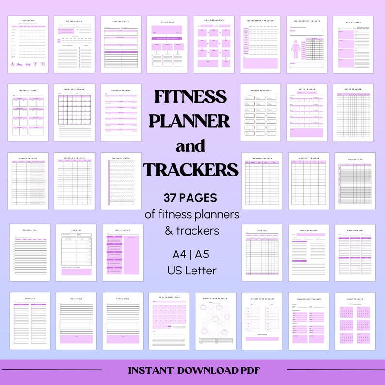 Printable Fitness Planner Trackers Bundle Fitness Goals, Weight Loss ...