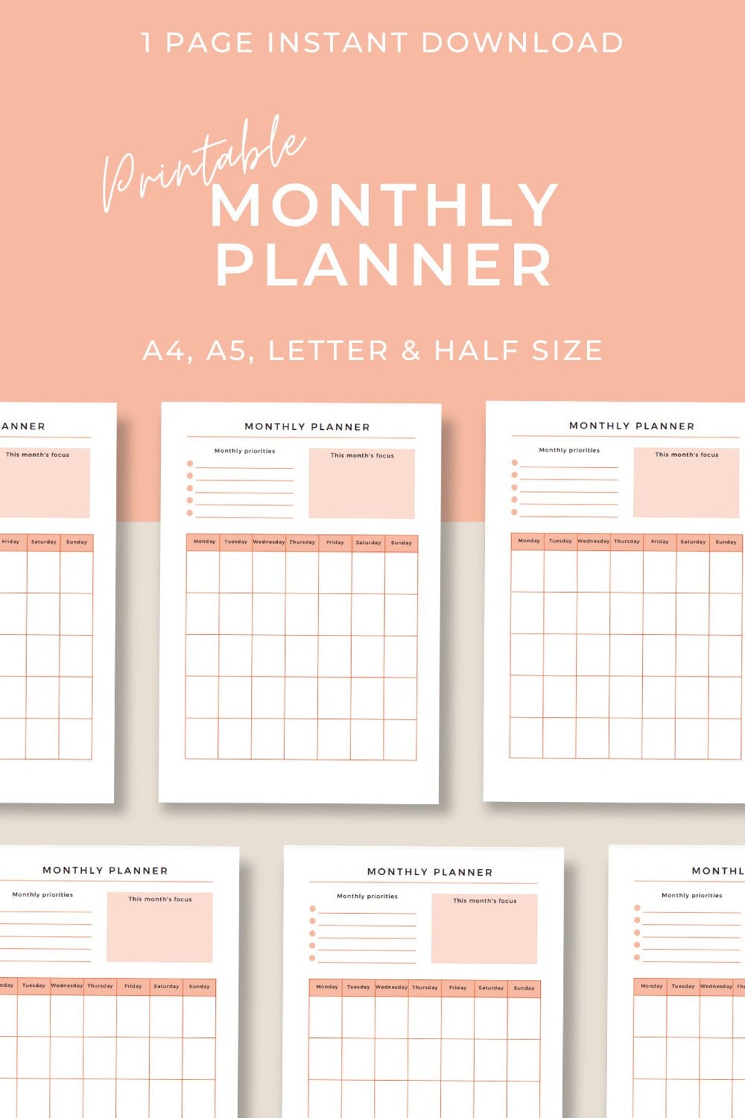 Undated Monthly Printable Planner for Productivity, Priorities, Monthly ...