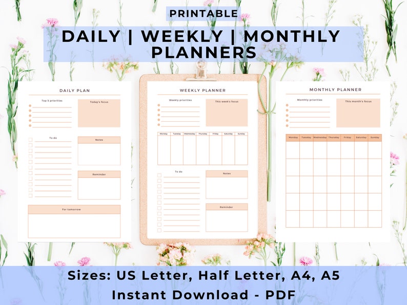 Printable Planner Bundle for Productivity Undated Daily Weekly Monthly ...