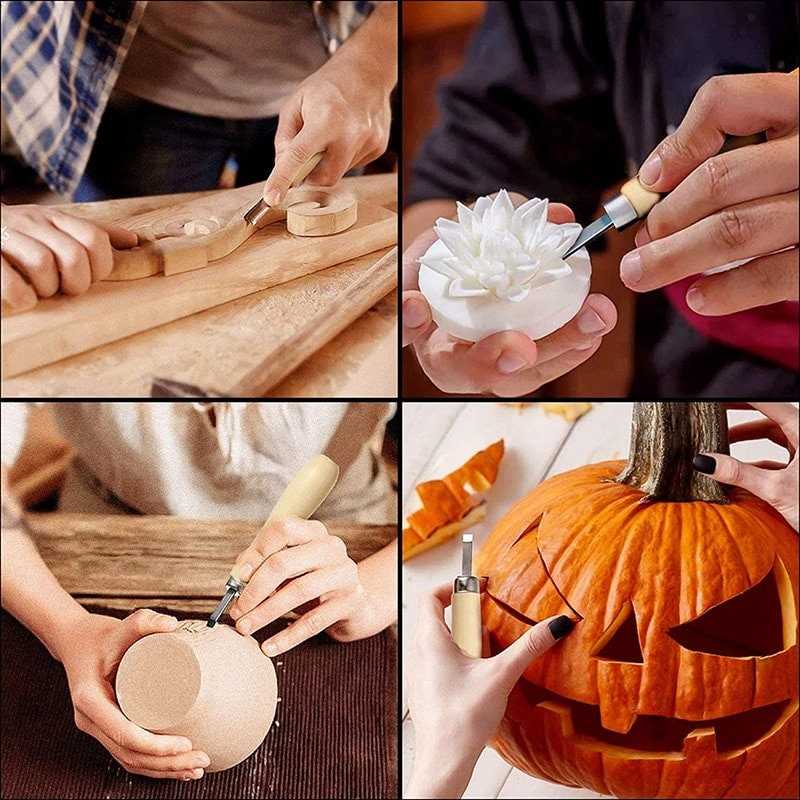 Wood Carving Chisel, 6pcs, 5 Blades Wooden Handle, Rubber Stamp Cutting ...