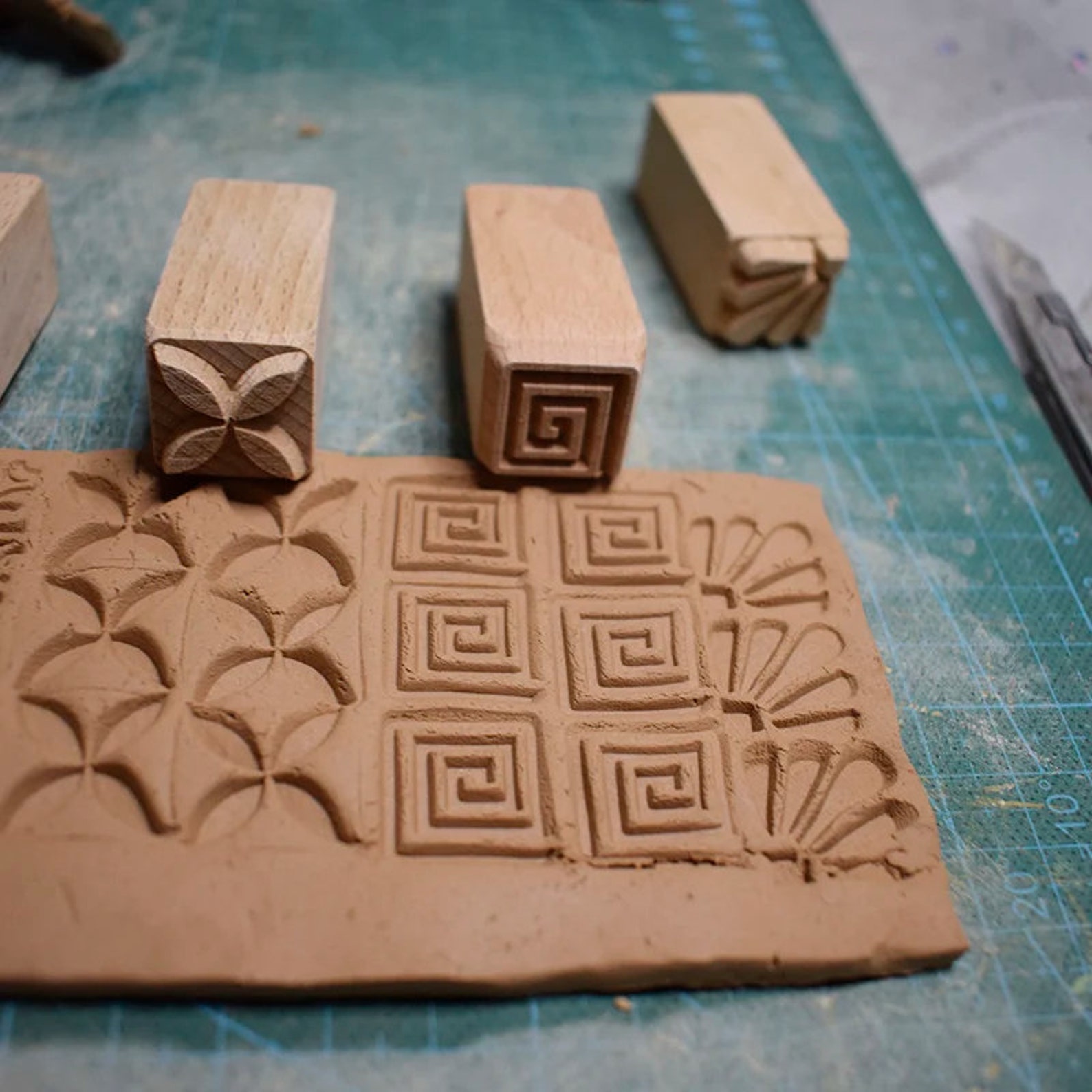 Pottery Stamp Tools, 5pcs, Wooden Blocks, Square Swirl Chinese Textured ...