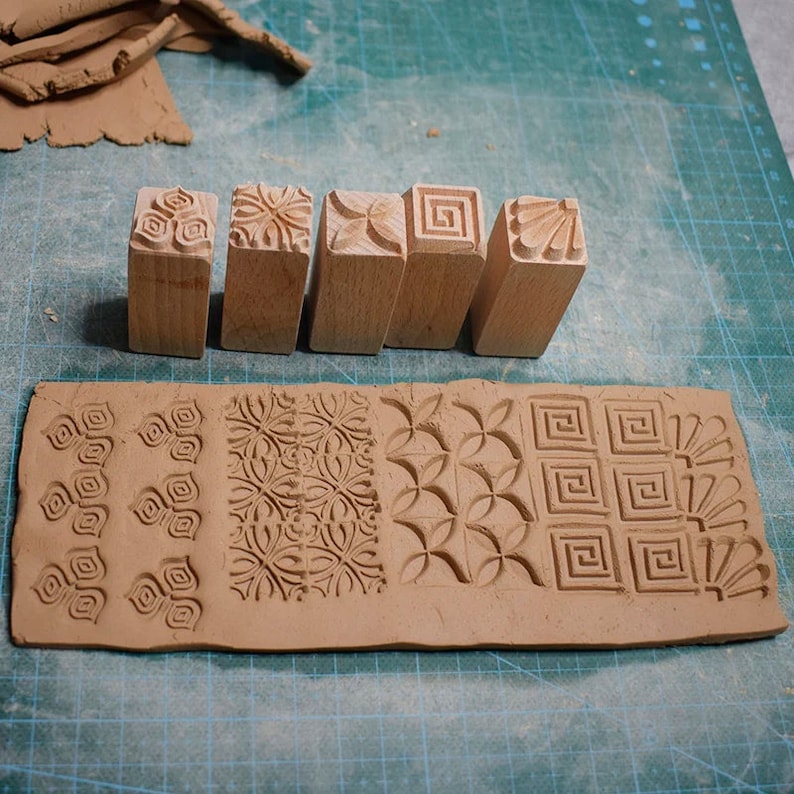 Pottery Stamp Tools, 5pcs, Wooden Blocks, Square Swirl Chinese Textured ...