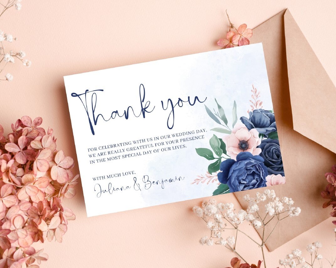 Blue Rustic Floral Thank You Card Printable Boho Digital Wedding Thank ...