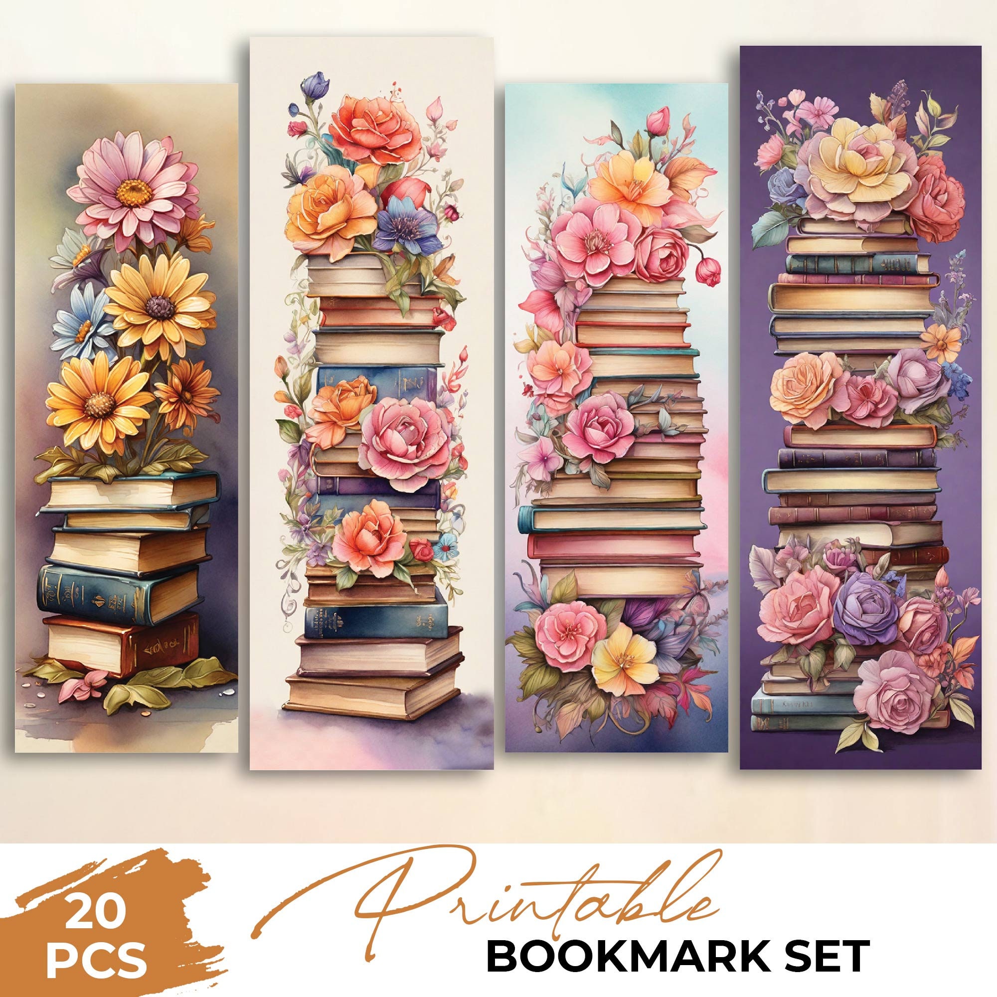 20 Pcs Vintage Books Printable Bookmarks Set Floral Bookmark ...