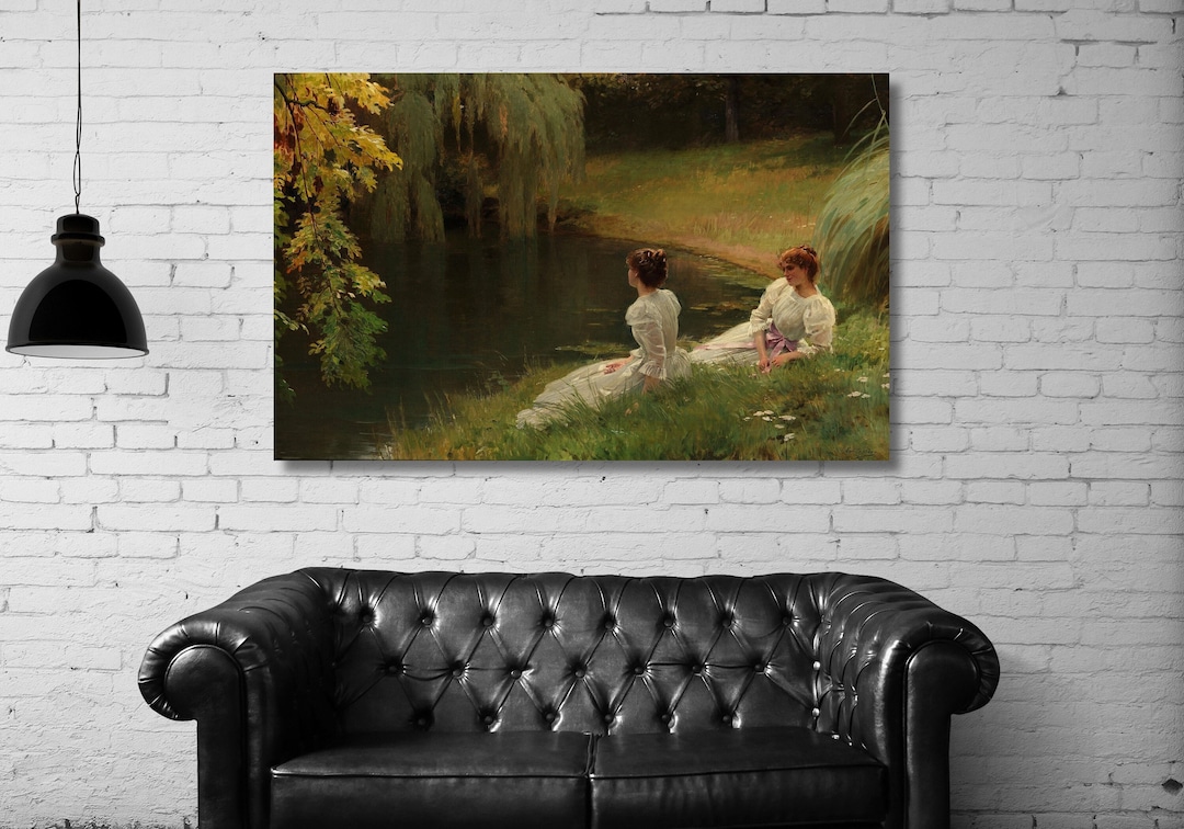 Elegant Ladies at Rest Beside A Pond by Émile Renouf Canvas Art,emile ...