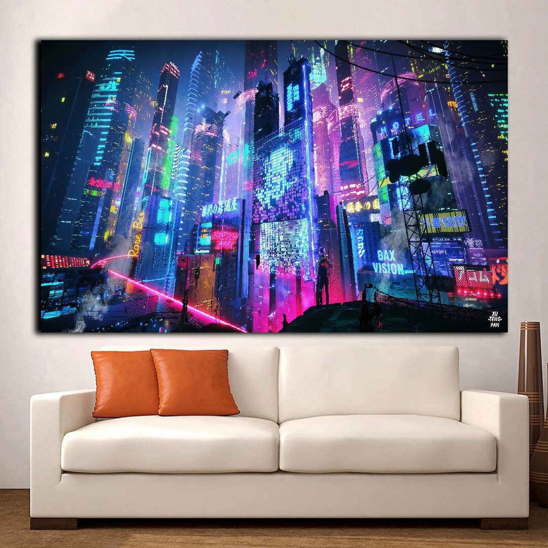 Cyberpunk City Neo Futuristic Canvas Poster, Wall Art, Wall Decor ...