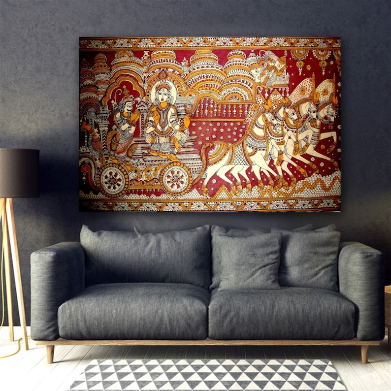 Krishna With Arjun Indian Art, Rolled Madhubani Canvas Painting ...