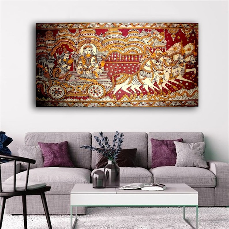Krishna With Arjun Indian Art Rolled Madhubani Canvas - Etsy