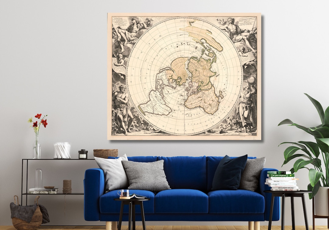 Antique Planisphere Terrestre Vintage Flat Earth Azimuthel Equidistant ...