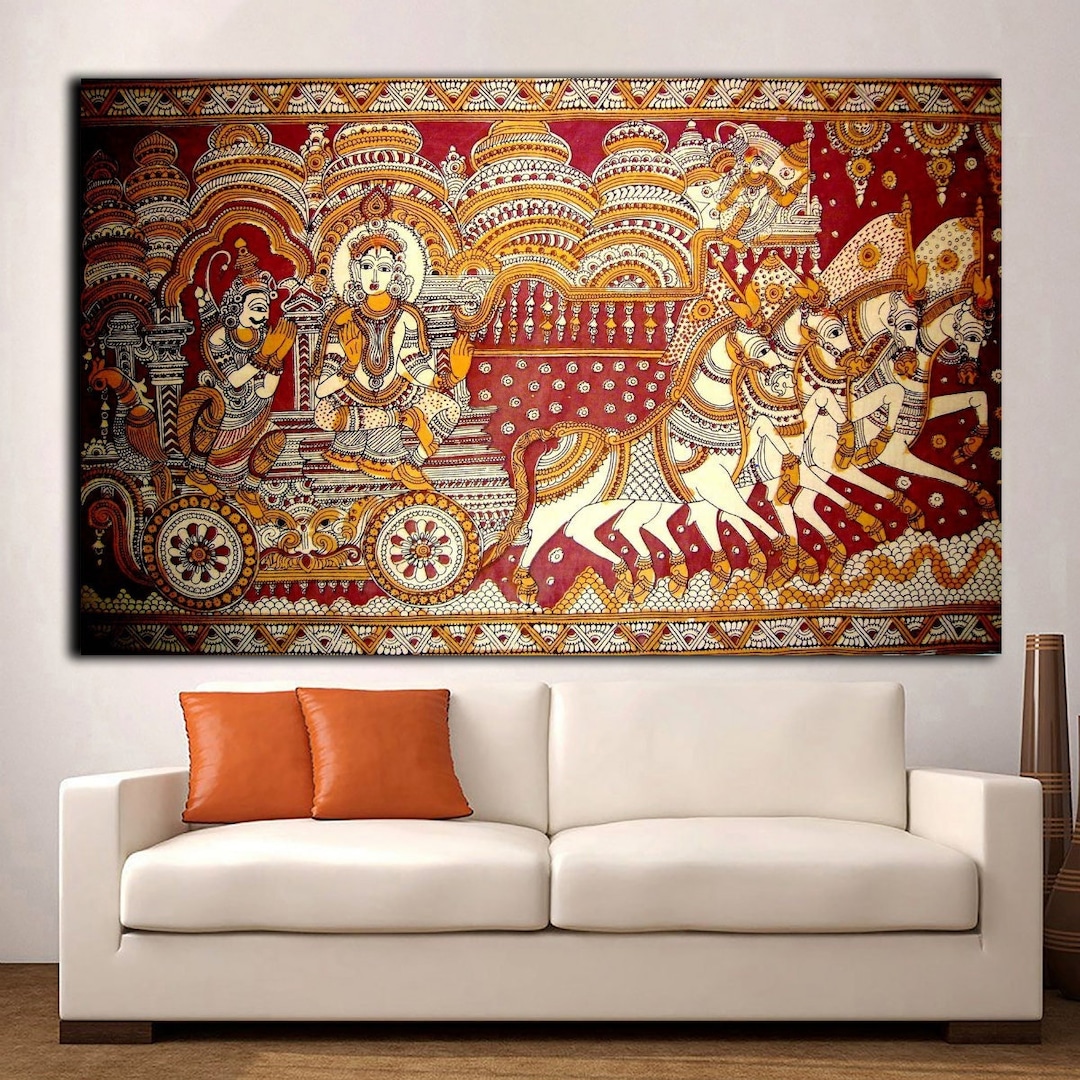 Krishna With Arjun Indian Art, Rolled Madhubani Canvas Painting ...