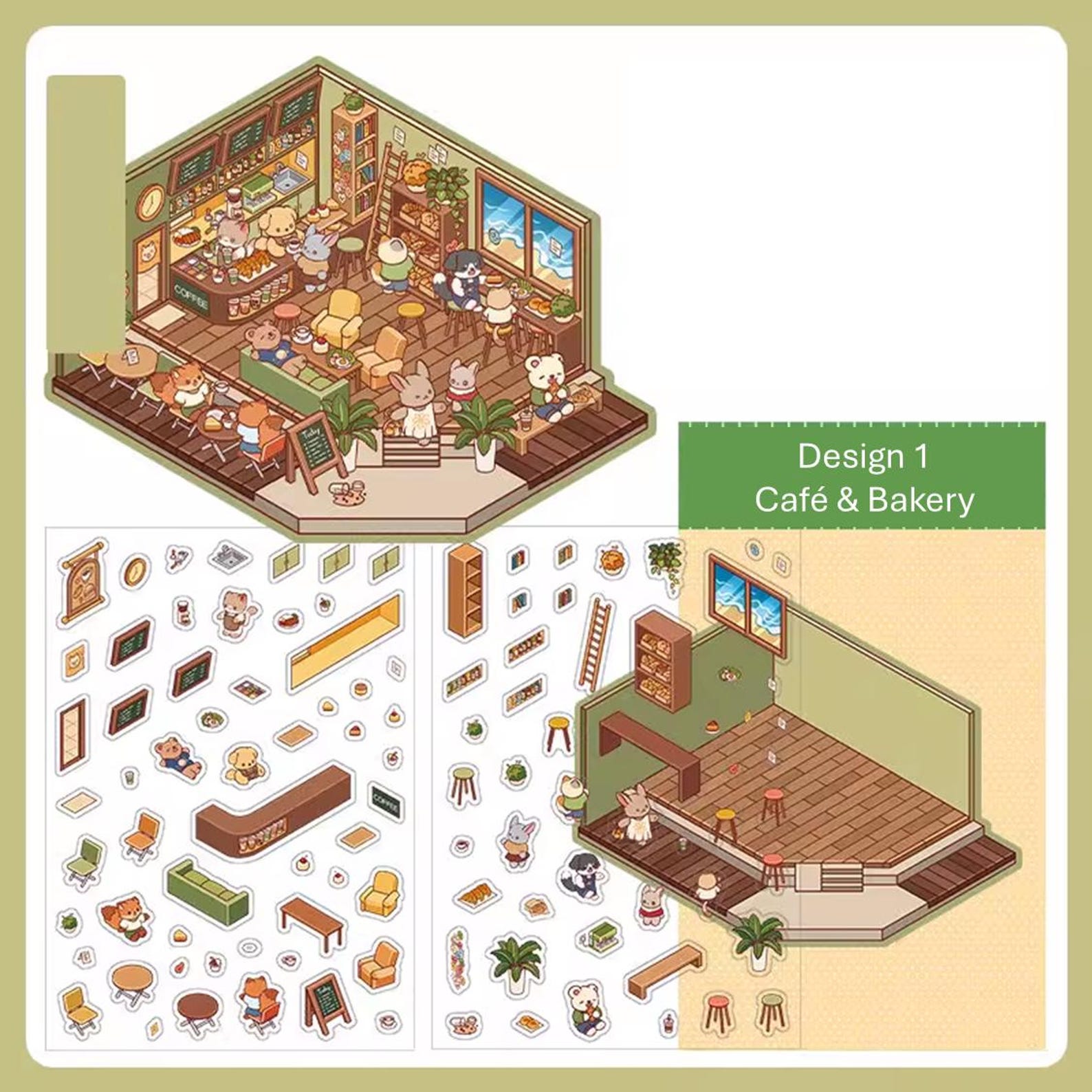Miniature Scene - 3D Isometric Restaurant Scene Sticker Set With Cute ...