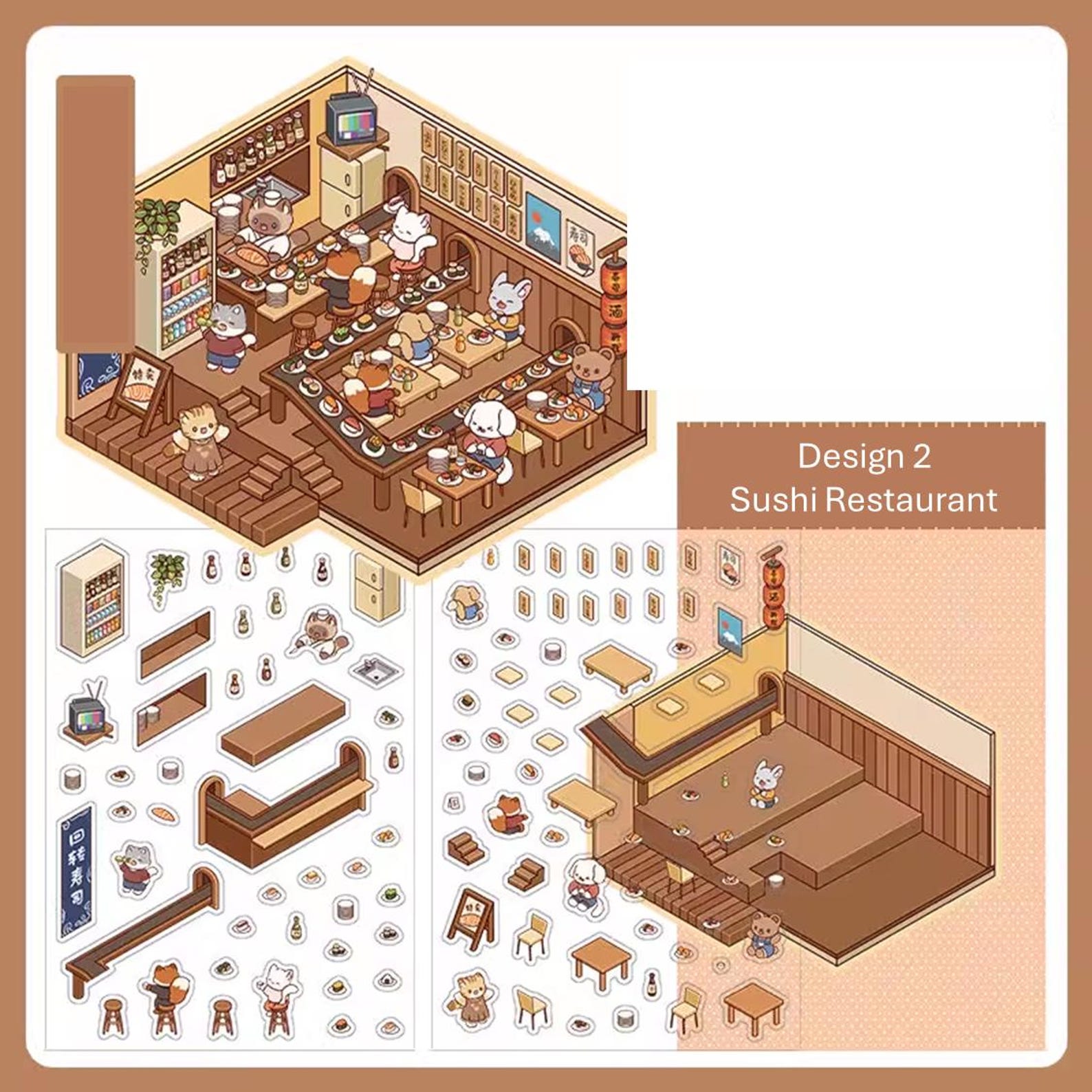 Miniature Scene - 3D Isometric Restaurant Scene Sticker Set With Cute ...