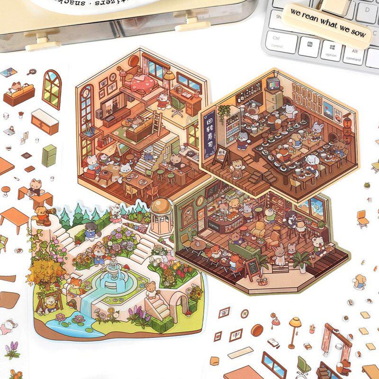 Miniature Scene - 3D Isometric Restaurant Scene Sticker Set With Cute ...