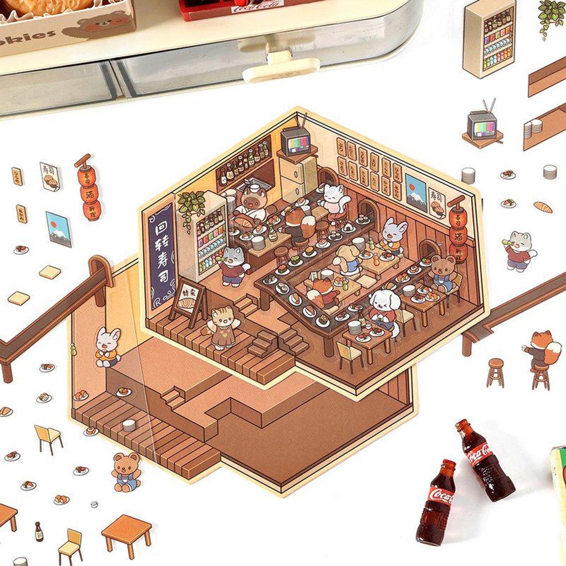 Miniature Scene - 3D Isometric Restaurant Scene Sticker Set With Cute ...