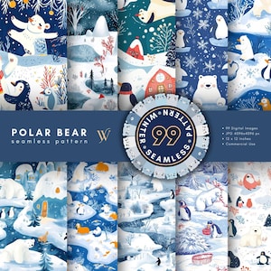 Polar Bear Winter Seamless Pattern Set | 99 PNG Arctic Animal Christmas ...