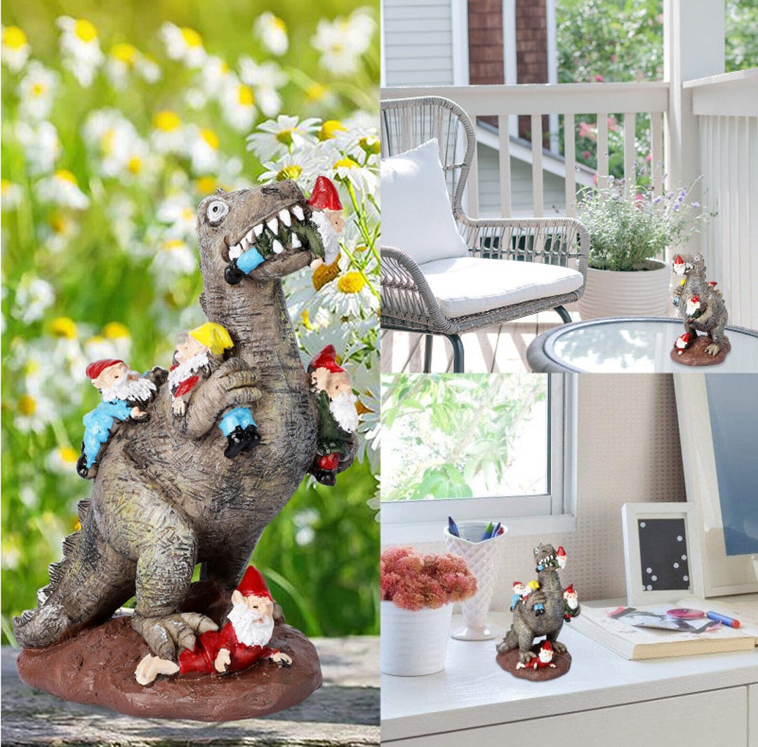 Funny Dinosaur Eating Gnomes Statue Yard Art Resin Garden - Etsy