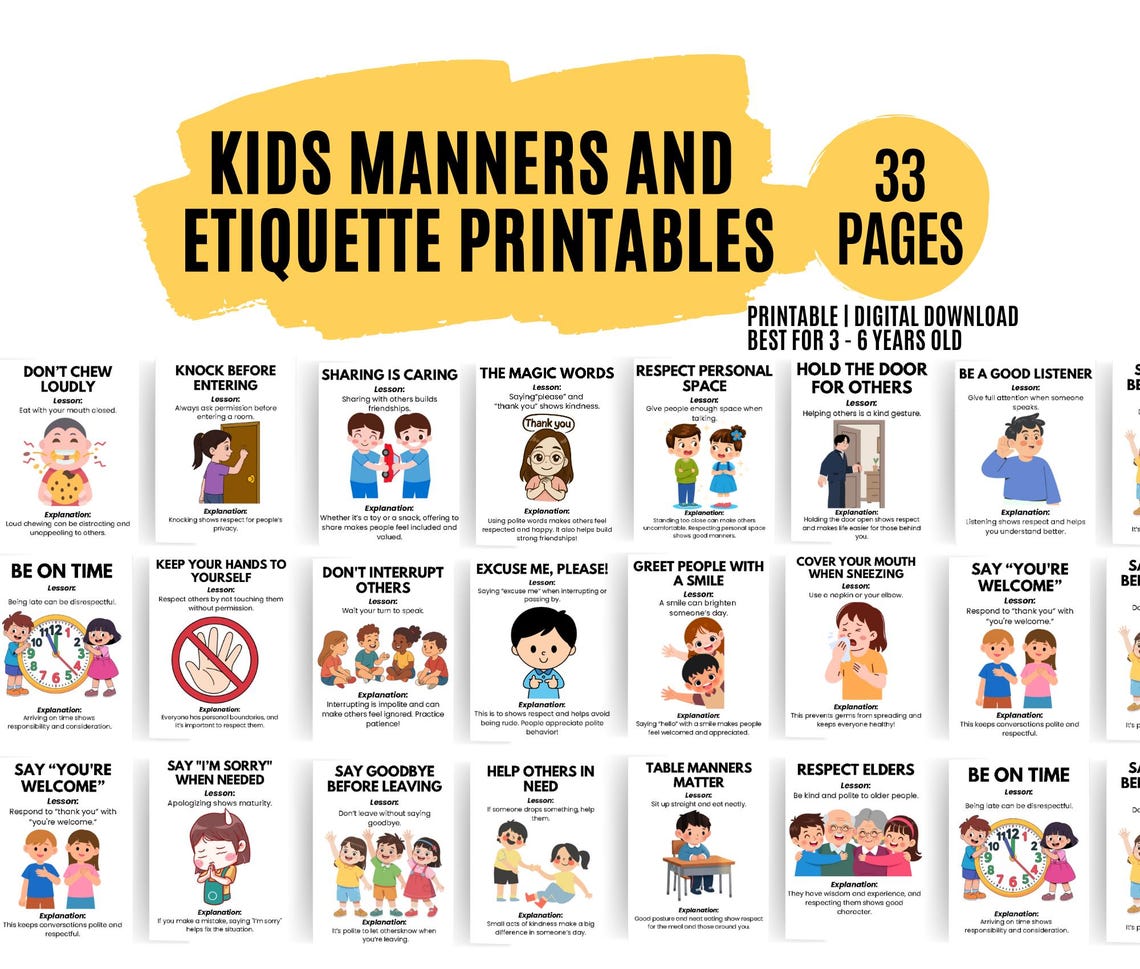 Kids Manners and Etiquette Printables, Kids Social Skills (digital ...