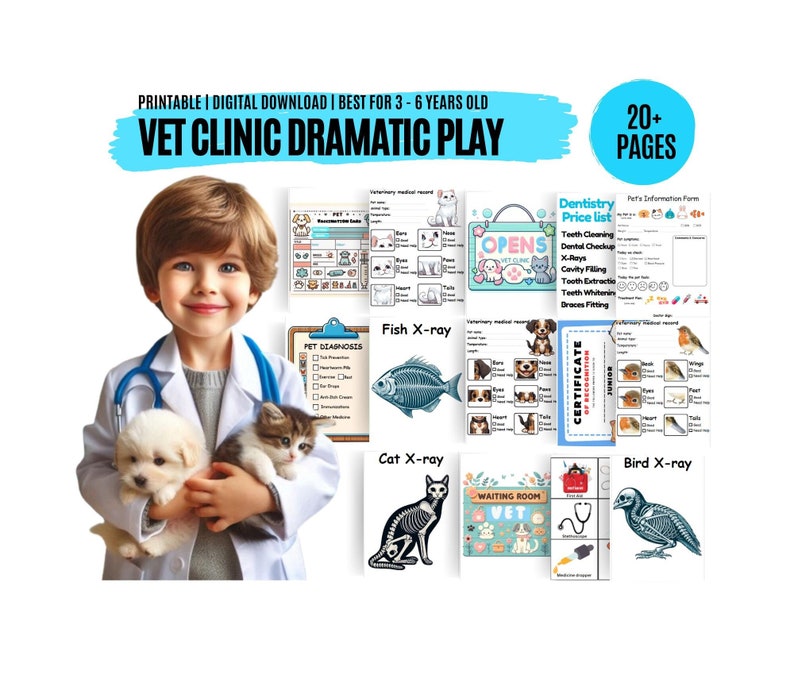Vet Clinic Dramatic Play Printable Set, Interactive Animal Care Role ...