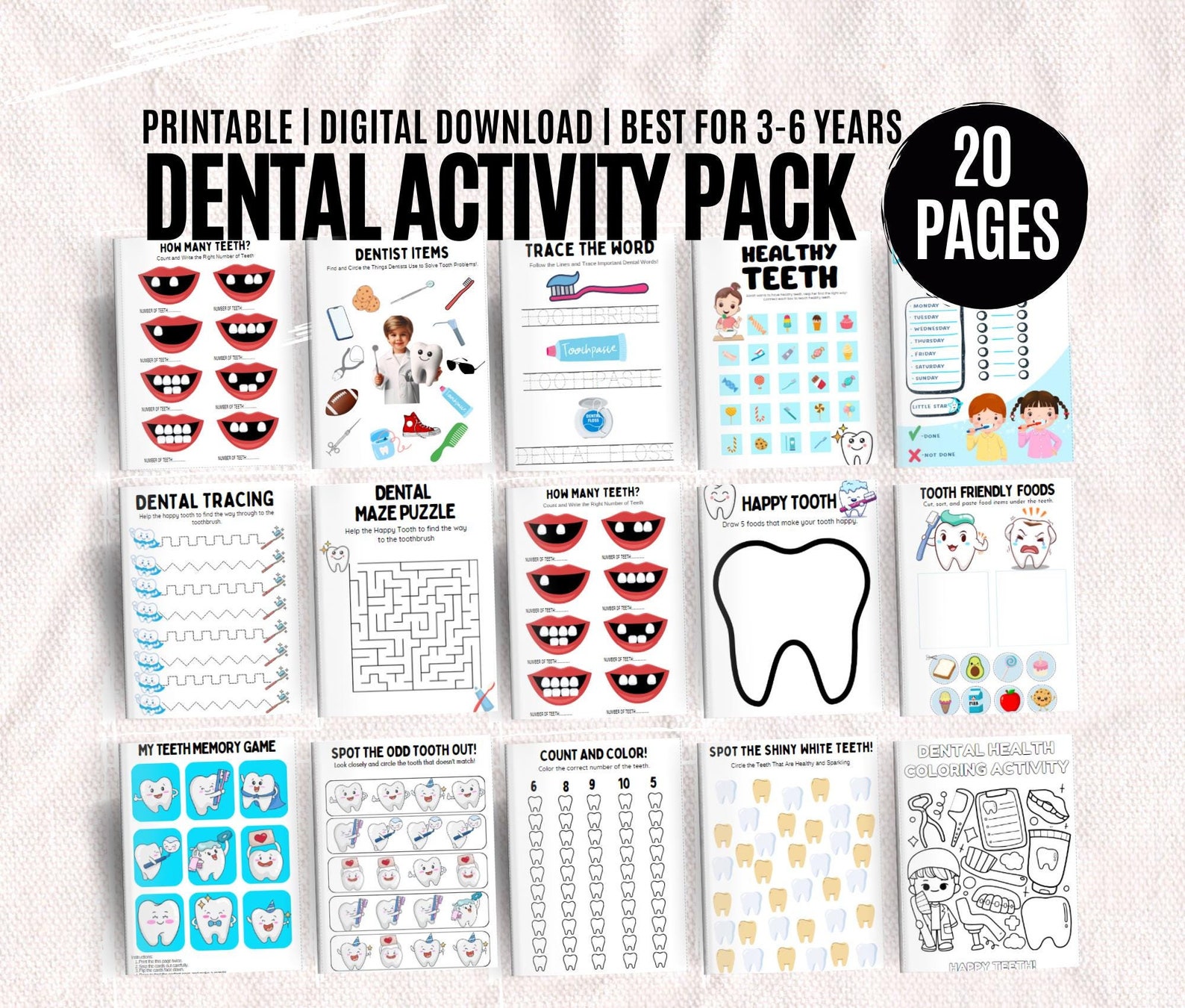 Dental Health Activity Printable PDF, Preschool Toddler Tooth Activity ...