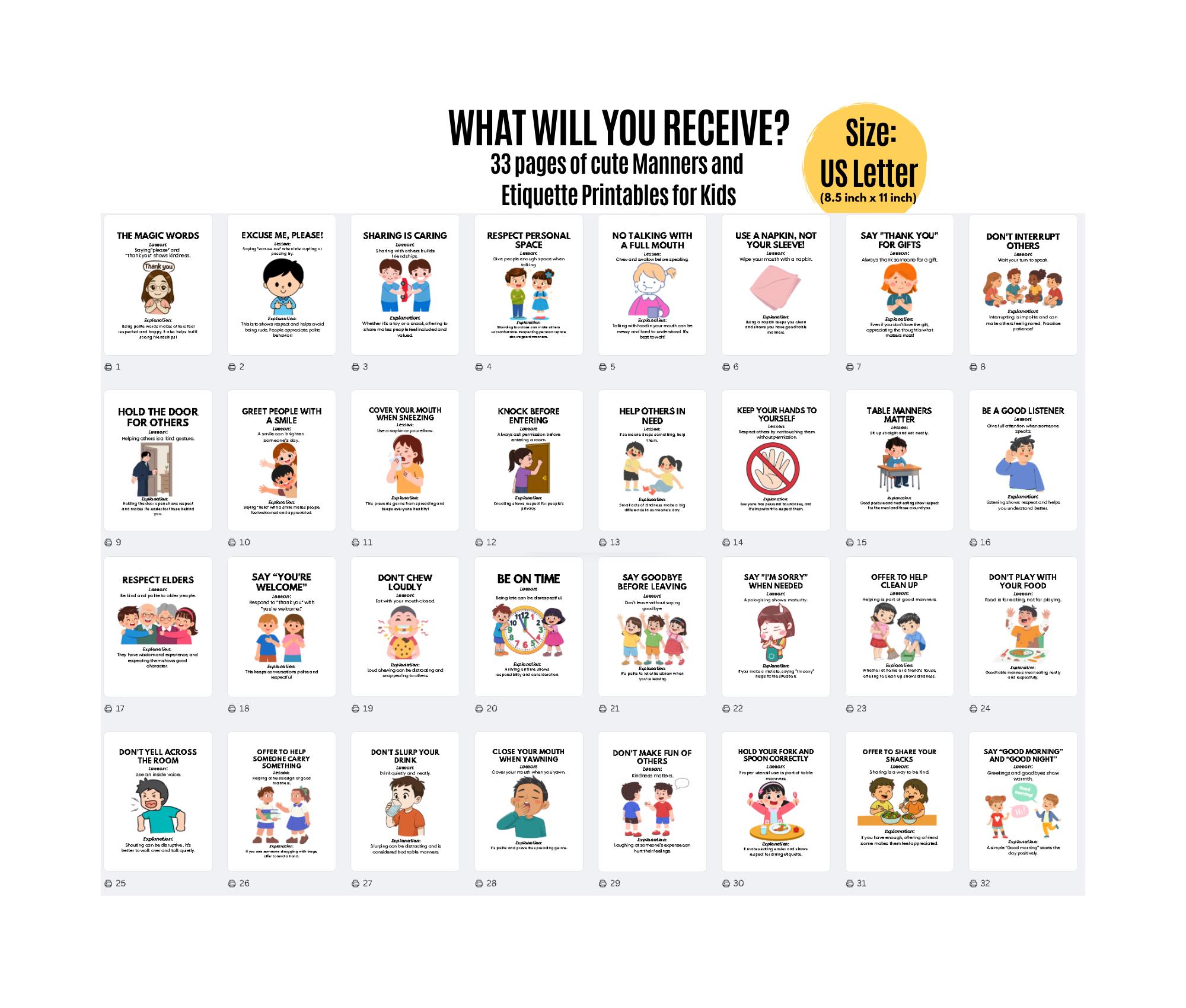 Kids Manners and Etiquette Printables, Kids Social Skills (digital ...