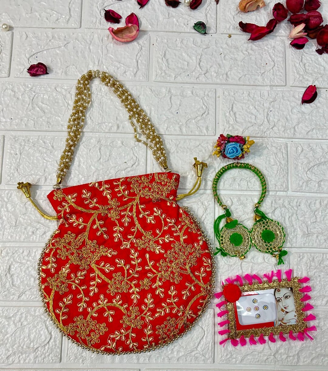 Set of Potli, Bangle, Bindi, Flower Ring, Mehndi Favors, Sangeet Party ...
