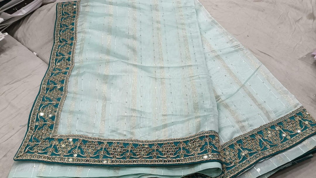 Bollywood Crunchy Silk Light Blue Turquoise Saree With Readymade Blouse ...