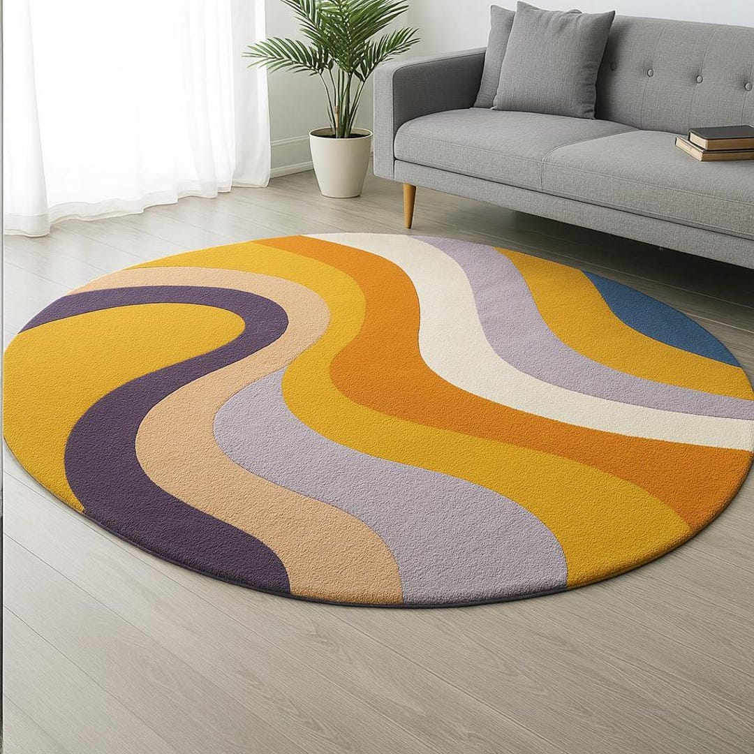 Multi-color Curved Stripe Circle Rug, Handmade Abstract Design, Living ...