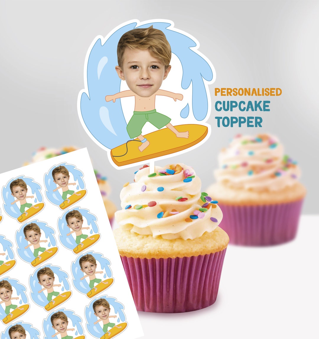 Surfer Cupcake Topper, Face Cupcake Topper, Surfer Boy Party Cupcake ...