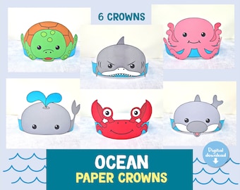 Ocean Animals Paper Crowns Shark Fish Octopus Whale Sea Turtle Crab ...