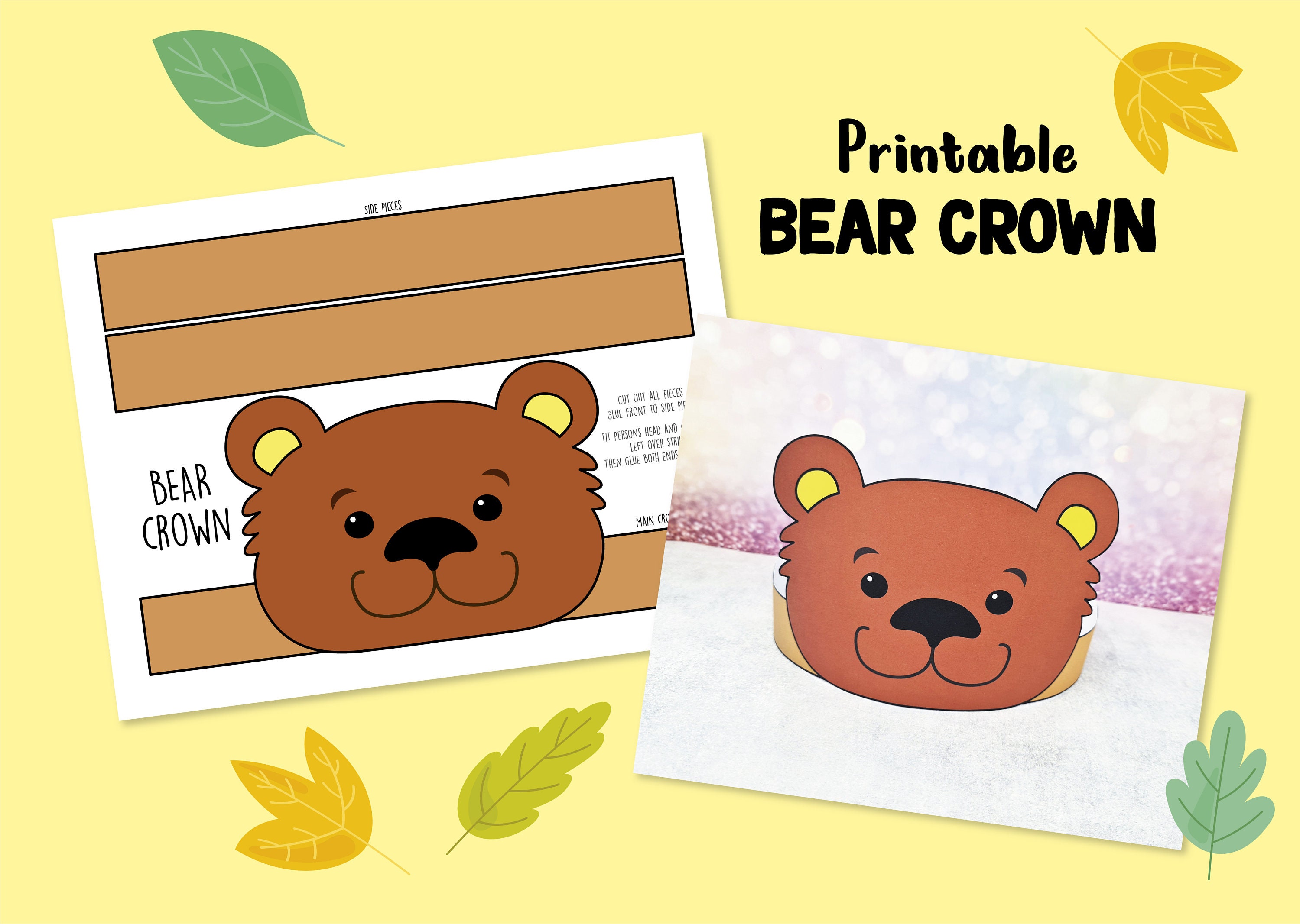 Printable Bear Crown, Bear Birthday Hat for Kids, Woodland Headband ...