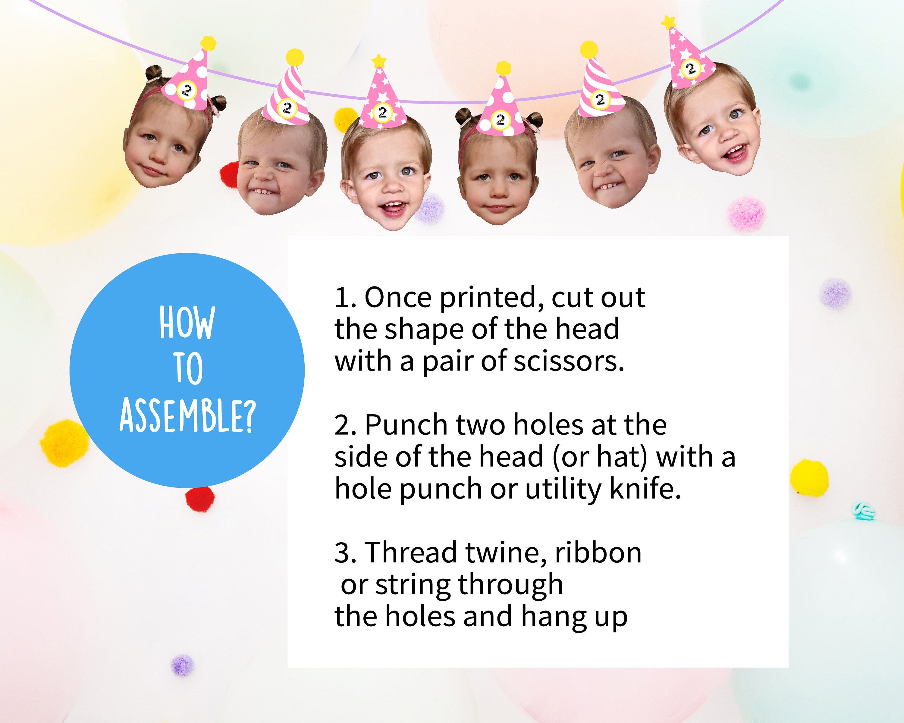 Printable Photo Face Garland, Custom Birthday Banner, Personalised Face ...