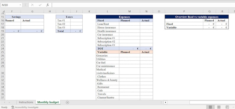 Monthly Budget With Fixed and Variable Expenses - Etsy