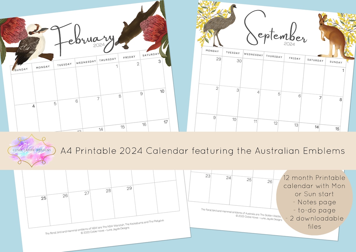 A4 Printable 2024 Australian Emblems Monthly Calendar, Mon/sun Start ...