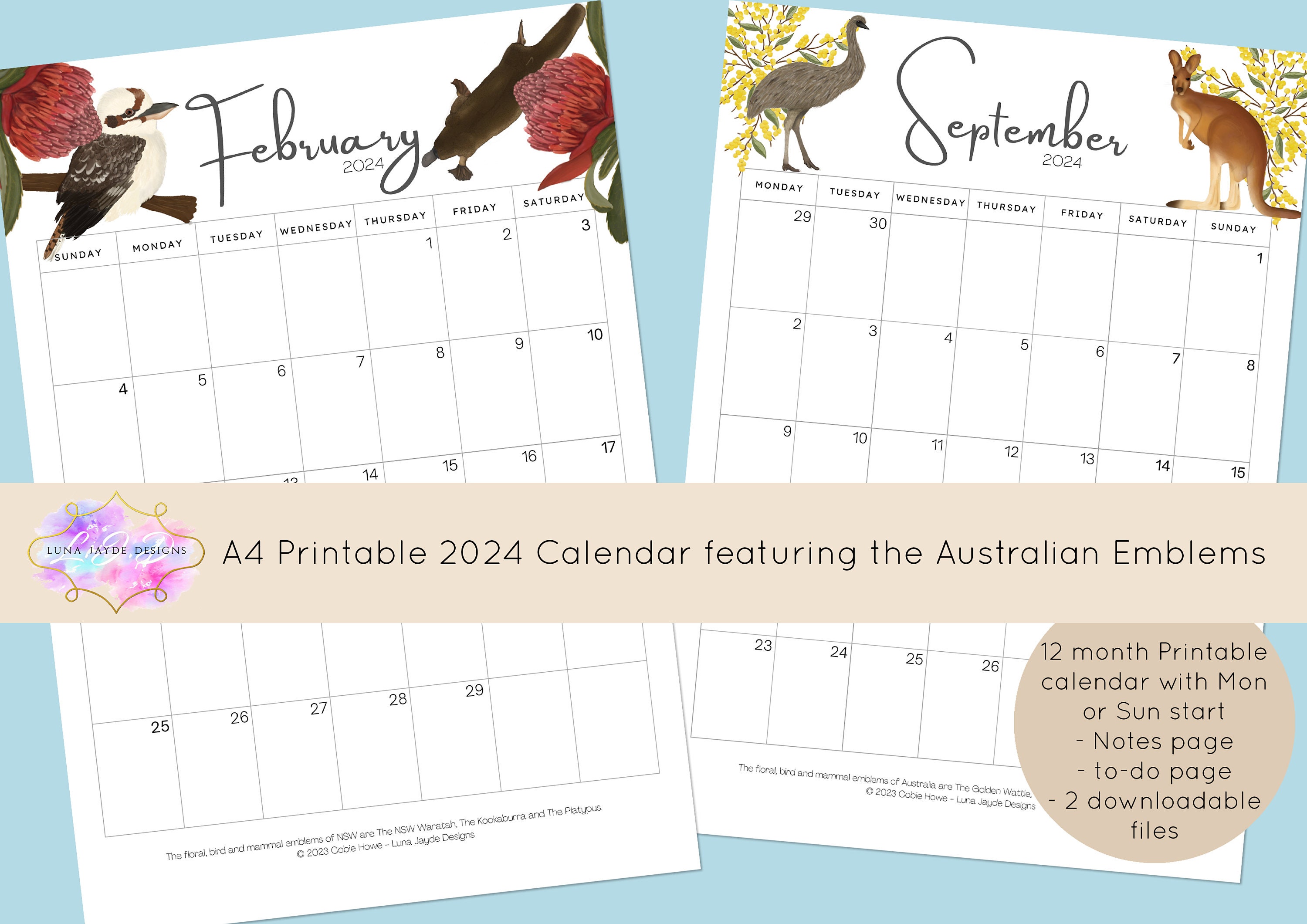 A4 Printable 2024 Australian Emblems Monthly Calendar, Mon/sun Start ...