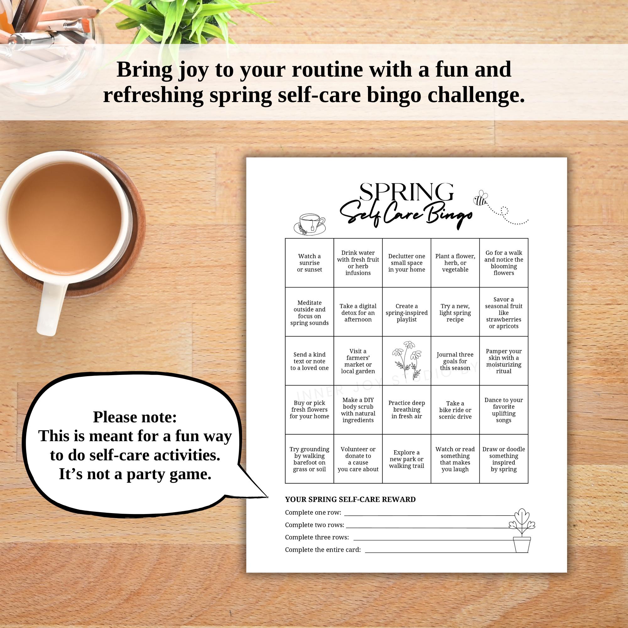 Printable Spring Self Care Bingo Challenge, Mental Health Game ...