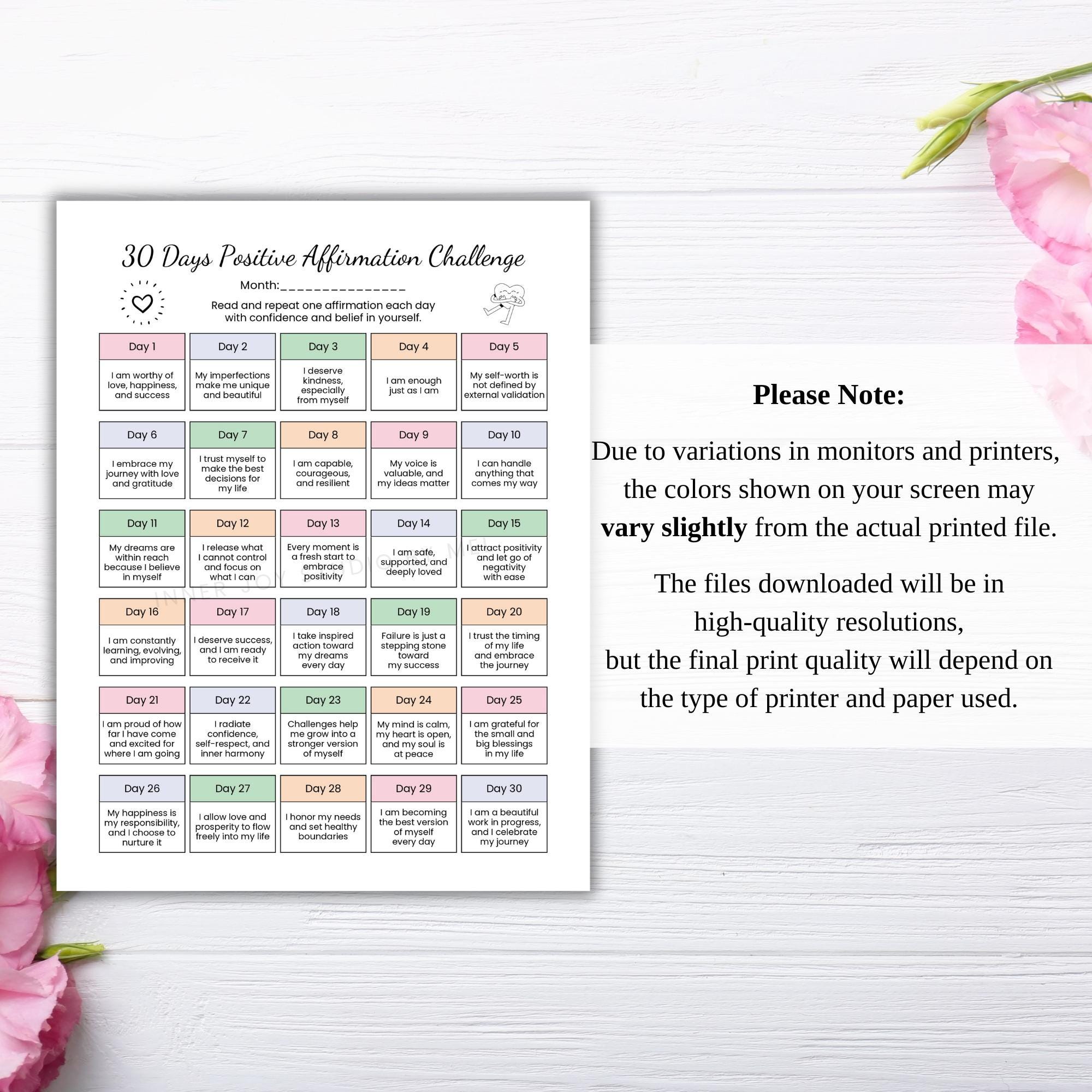 Printable 30 Day Positive Affirmation Challenge, Self Love Habit ...