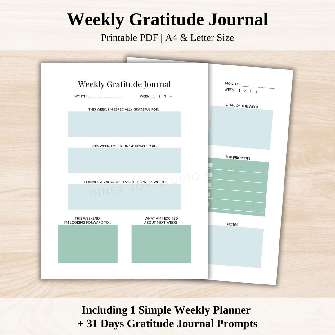 Printable Weekly Gratitude Journal for Mindfulness, Self Care Worksheet ...