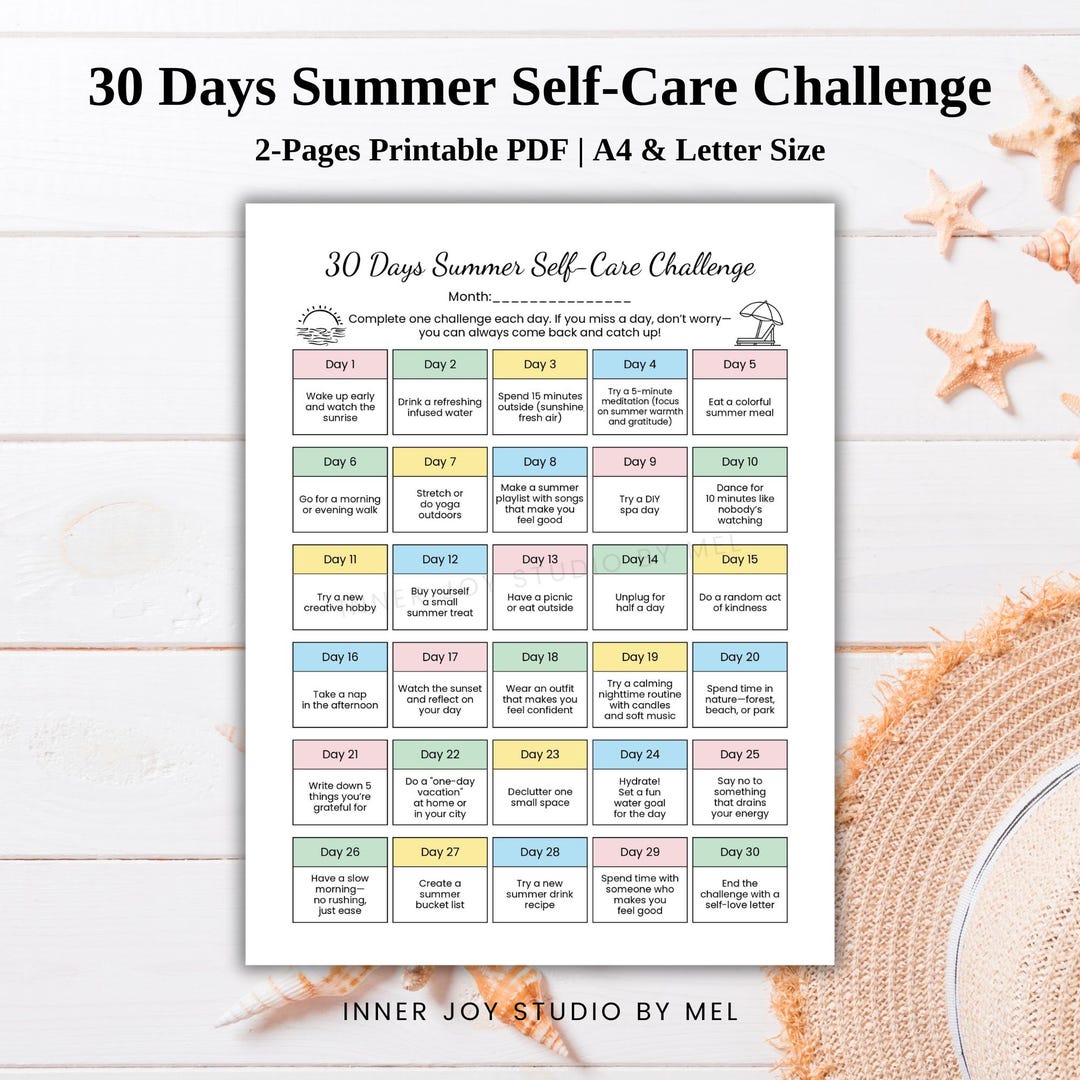 Printable 30 Day Summer Self Care Challenge, Mental Health Worksheet ...