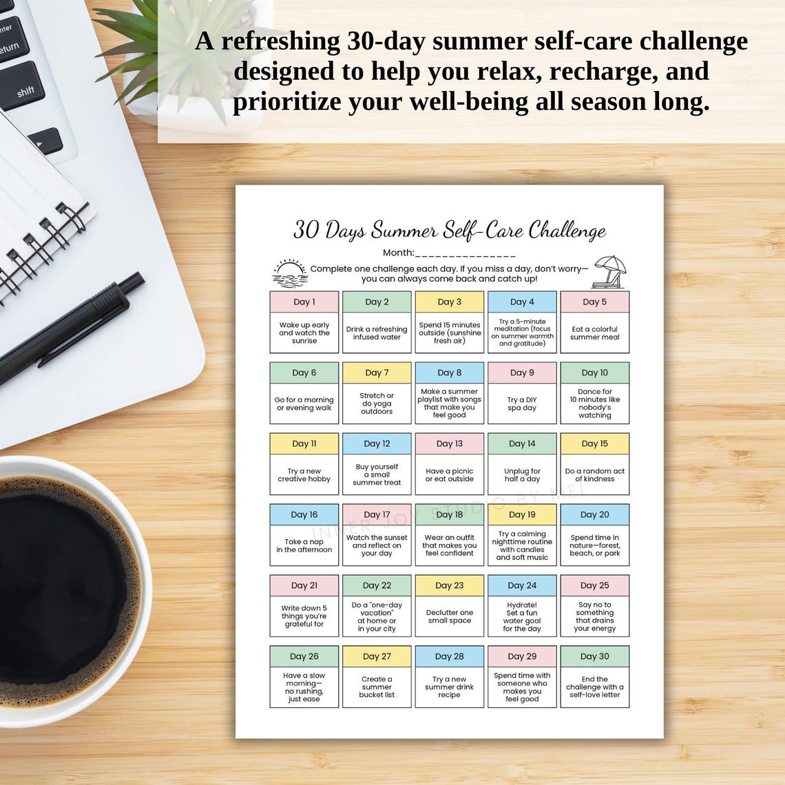 Printable 30 Day Summer Self Care Challenge, Mental Health Worksheet ...