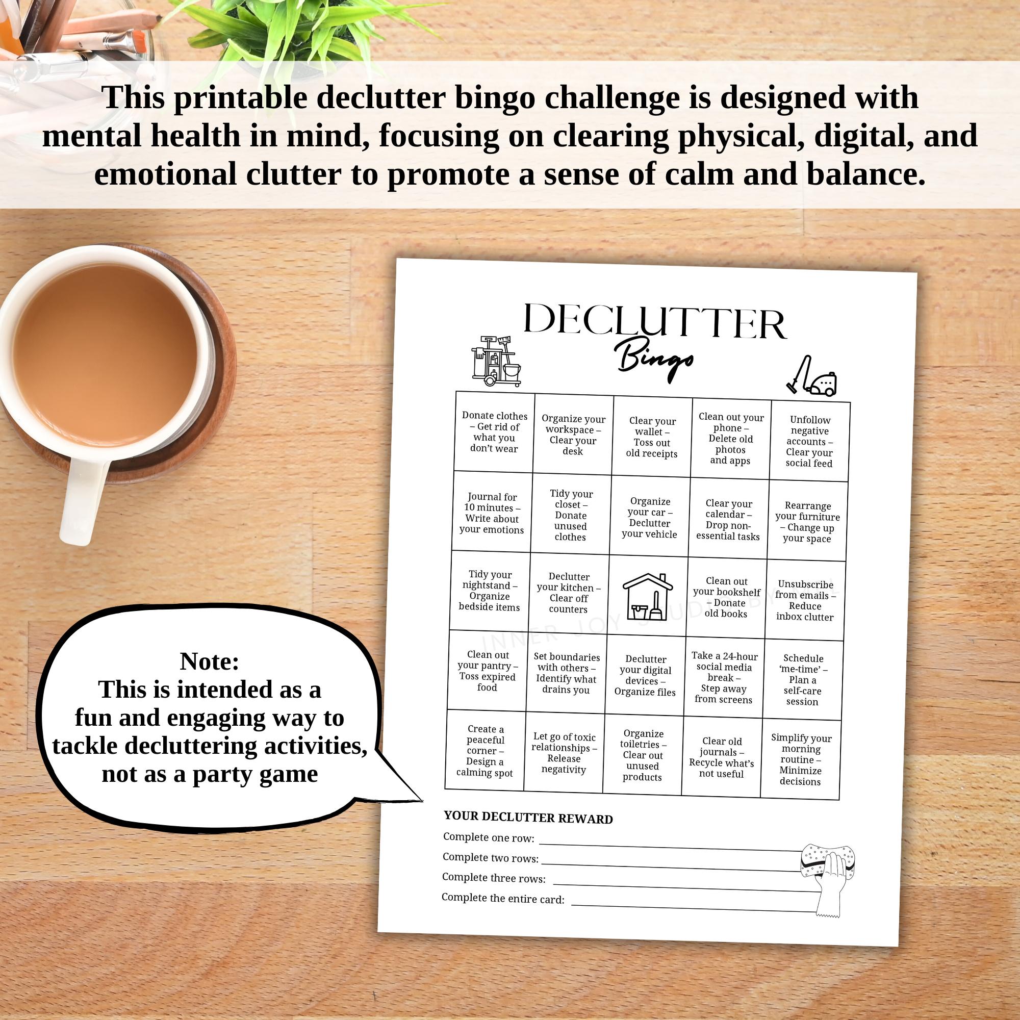 Printable Declutter Bingo Challenge for Mental Health, Cleaning ...