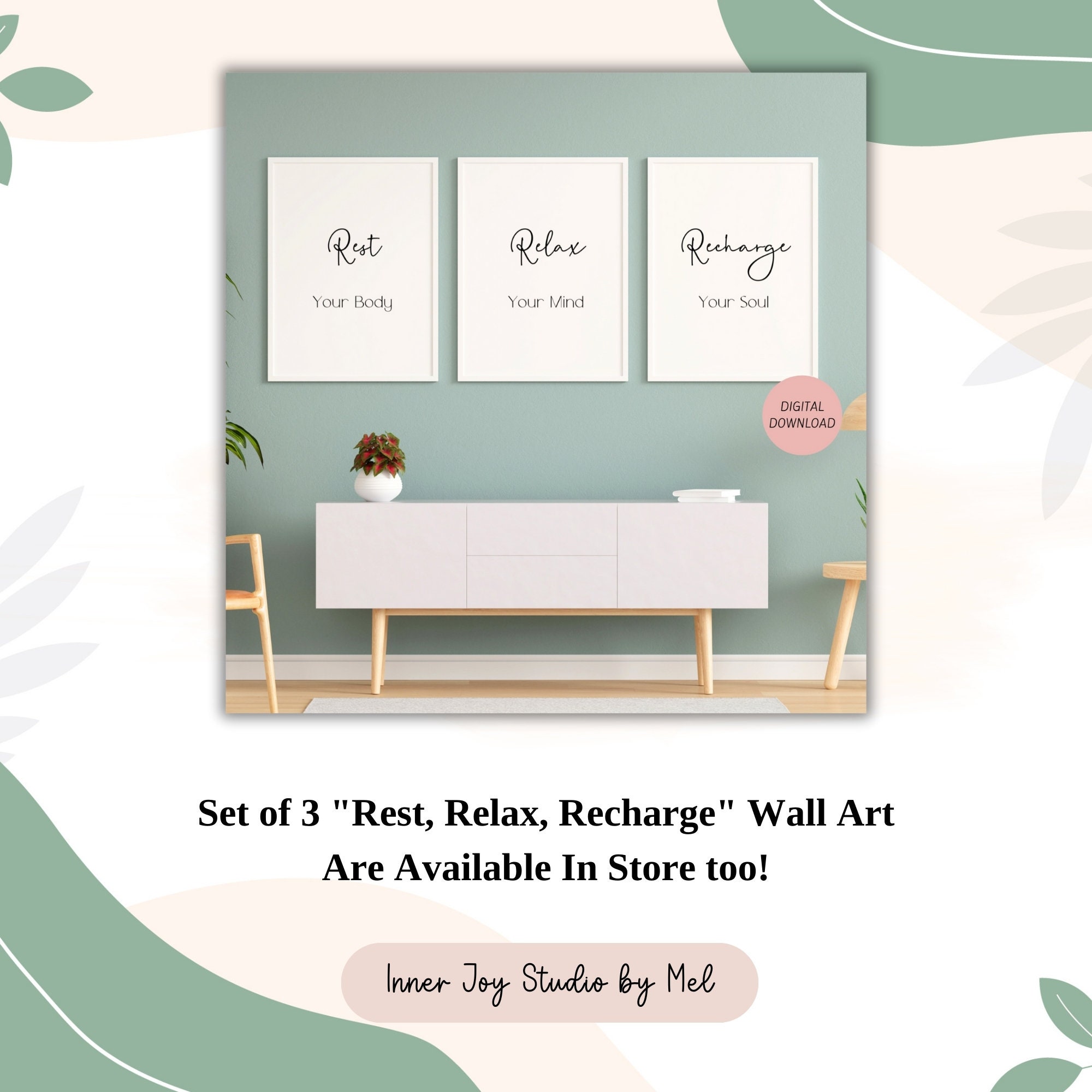Rest Relax Recharge, Printable Minimalist Wall Art, Inspirational Quote ...